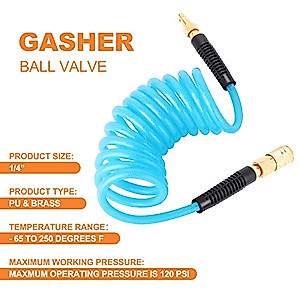 GASHER 1/4" x 10FT Reinforced Polyurethane Recoil Air Hose with Bend Restrictor, 1/4" Industrial Quick Coupler and Plug