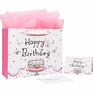 Oletx 13" Large Happy Birthday Pink Paper Bags,Pink Gift Party Favor Bags with Tissue Paper Birthday Card for Girls Women' Party,Baby Shower