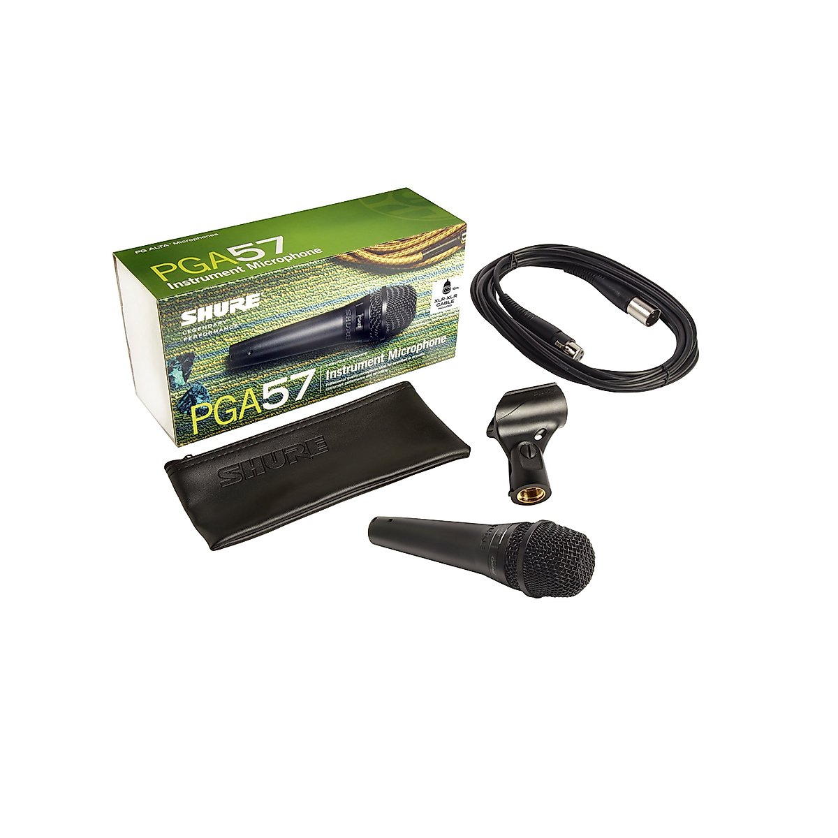 Shure PGA57 Dynamic Microphone - Professional Quality Instrument Mic with Cardioid Pick-up Pattern, 3-in XLR Connector, 15' XLR-to-XLR Cable, Stand Adapter and Zipper Pouch, (PGA57-XLR)