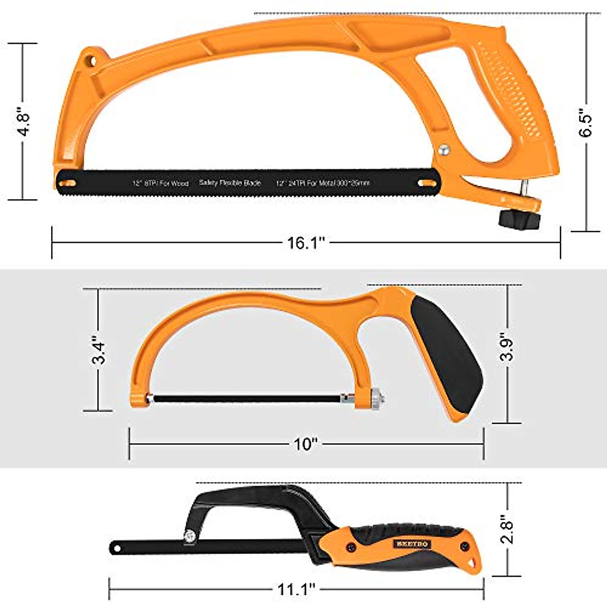 BEETRO Hacksaw Frame Set, 12’’ Hacksaw Frame, 6’’ Hacksaw Frame and 10'' Mini Hacksaw, Including Six Extra Blades, Handsaw for Metal, Wood, PVC Pipes