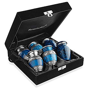 Reminded Small Cremation Urns for Human Ashes, Mini Keepsake Set of 6 Blue and Silver with Velvet Case