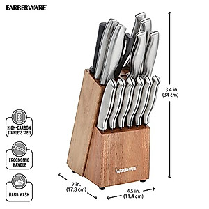 Farberware 15-Piece Stamped Stainless Steel Knife Block Set, High-Carbon Stainless Steel Kitchen Knife Set with Ergonomic Handles, Razor-Sharp Knives with Wood Block, 15-Piece Set, Acacia