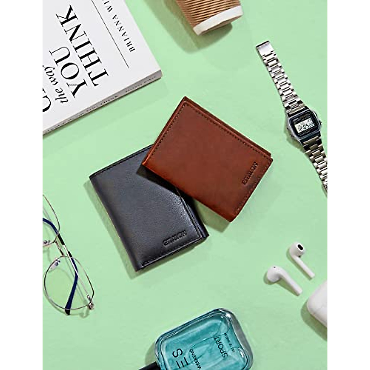 ESTALON Black Tan Leather Trifold Wallet For Men | Front Pocket Style | 1 ID Slot | RFID Protection | Gifts For Him