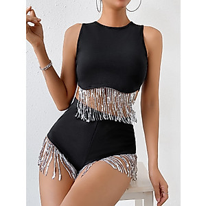 SweatyRocks Women's 2 Piece Party Outfits Sequins Fringe Trim Slim Fit Crop Tank Top and Shorts Set Black XL