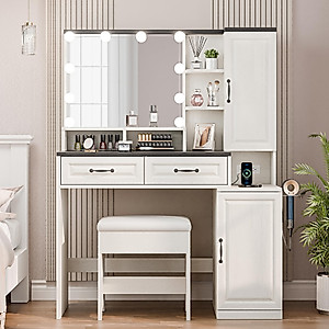 Buytime Farmhouse Makeup Vanity with Charging Station, Vanity Desk with Lights Mirror and Drawers, Glass Top Makeup Vanity with Jewelry Cabinet, Hairdryer Holder and Stool for Bedroom, Off White