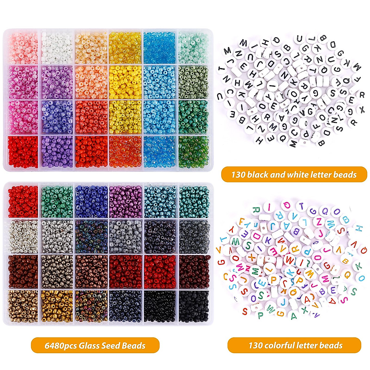 QUEFE 6480pcs Glass Seed Beads 4mm Bracelet Beads for Jewelry Making Kit, Small Waist Craft Beads, 260pcs Alphabet Letter Beads with Elastic String Cords and Charms