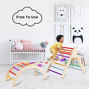 Agiyimi 4 in 1 Pikler Triangle Climber, Foldable Wooden Triangle Ladder Montessori Climbing Toys with Ramp Arch Climber Rocker Indoor Outdoor Gym Playground Climbing Toys for Toddlers(Multicolor)