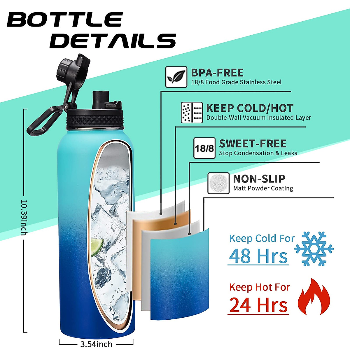 40 oz Flask Water Bottles with 64oz Water Jug - Stainless Steel Water Bottle with Straw, Paracord Handle & Strap, Double Wall Insulated Thermo Water Bottle that Keep Cold for 48H Hot for 24H