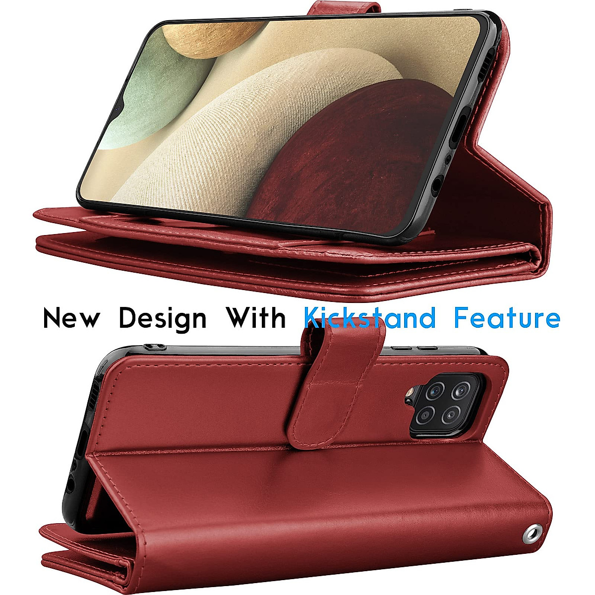 Tekcoo Luxury PU Leather Case, Galaxy A12 5G Flip Wallet Case, Detachable Magnetic Hard Case, Kickstand, Wine Red