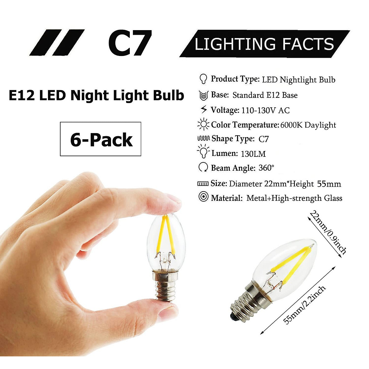 C7 LED Night Light Bulbs,15 Watt LED Night Light Bulb Equivalent,1.5W Led Bulbs, Mini Candelabra E12 Base For Christmas Light String Retro,Himalayan salt lamp, night light lamp,Non-Dimmable 6pack