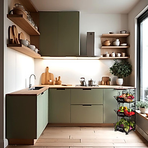 Granrosi 3 Tier Fruit Basket Stand for Kitchen Floor & Pantry — Stackable Rolling Fruit Cart & Vegetable Rack on Wheels; Produce Cart with Wooden Tabletop; 3 Tier Wire Basket Stand