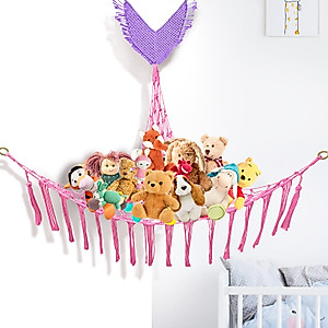 SMTTW Stuffed Animal Net or Hammock, Macrame Toy Hammock with Boho Tassels, Stuffed Animal Hammock Display Hanging Pet Net, Plushie Hammock Corner Net Holder for Nursery Bedroom Playroom Storage(Pink)