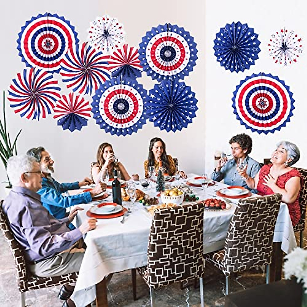 4th of July Patriotic Decorations Red White Blue Hanging Paper Fans for American Fourth of July Memorial Day Independence Day Veterans Day Party Decor Supplies Set of 12