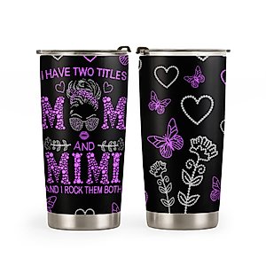 20oz Purple Jewelry Crystal Butterfly Flowers Mom and Mimi Tumbler, Mother, Grandma, Nana Gifts, Coffee Thermos for Women, Stainless Steel Double Wall Vacuum Insulated Coffee Mug, Travel Cup with Lid