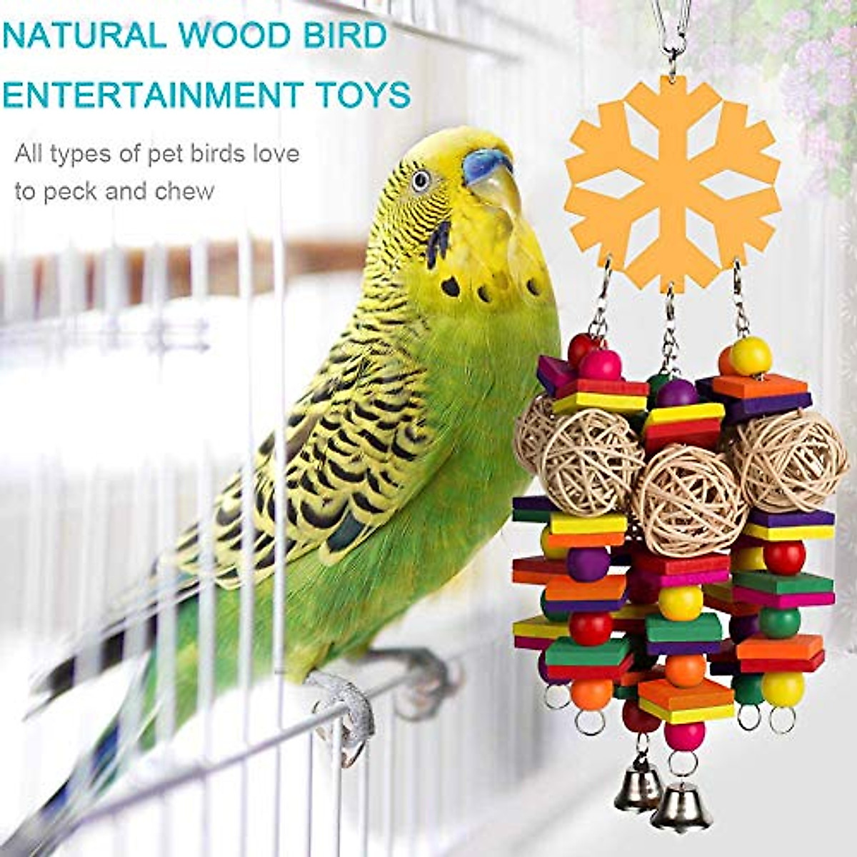 Coppthinktu Bird Toys, Parrot Toys with Bells, Parrots Cage Chewing Toy with Colorful Wood Beads, Multicolored Wooden Block Bite Toys for Macaw African Grey Cockatoo and a Variety of Amazon Parrots