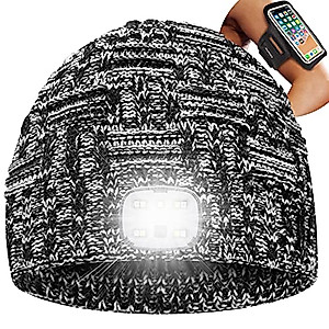 Beanie Winter Hat with LED Light &Armband Unique Christmas Travel Gifts Stocking Stuffers for Men Women Teen Adult Her (Black Mix White)