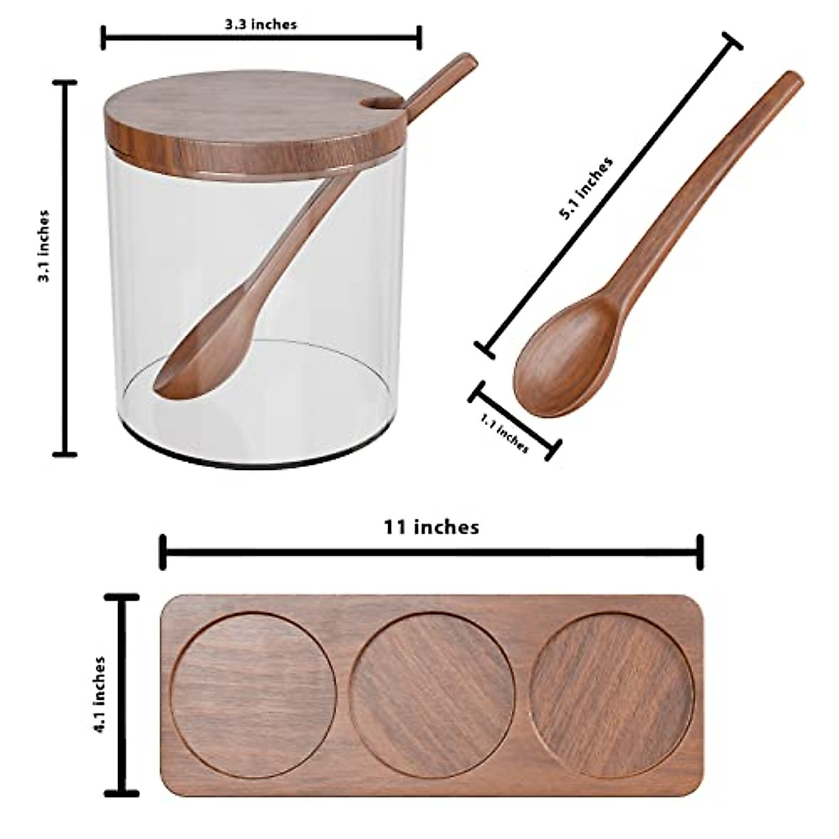 Essos Round Glass and Wood Condiment 3 pc Jars Set with spoon Tray Sugar Food Storage Containers with Wood Lids and Wooden Spoon for Coffee Spice Storage Container