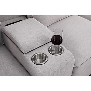 WOODRK Upholstered Sectional Sofa Set with Ottoman and Mobile Armless Chairs, Linen Couch with 2 Cup Holders, USB Ports and Storage Space, for Living Room, Apartment, Light Gray