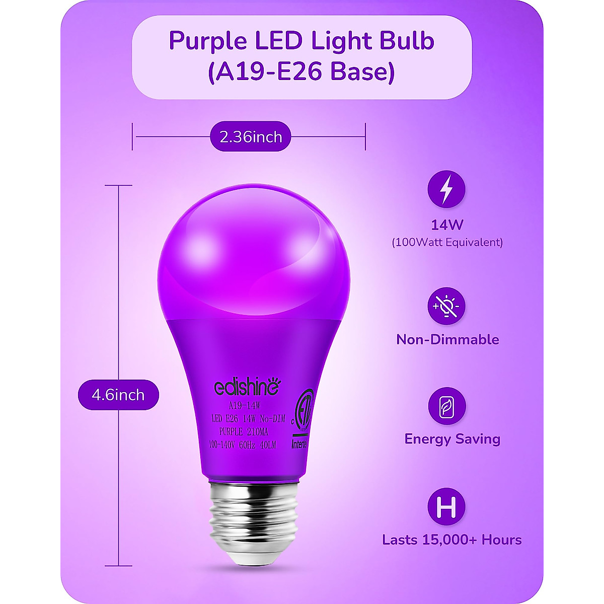 EDISHINE Christmas Purple LED Light Bulbs, 14W Purple Bulb Equivalent 100W Colored Light Bulb, E26 Base A19 Light Bulbs for Christmas Decoration, Holiday Lighting, Porch Patio, 4 Pack