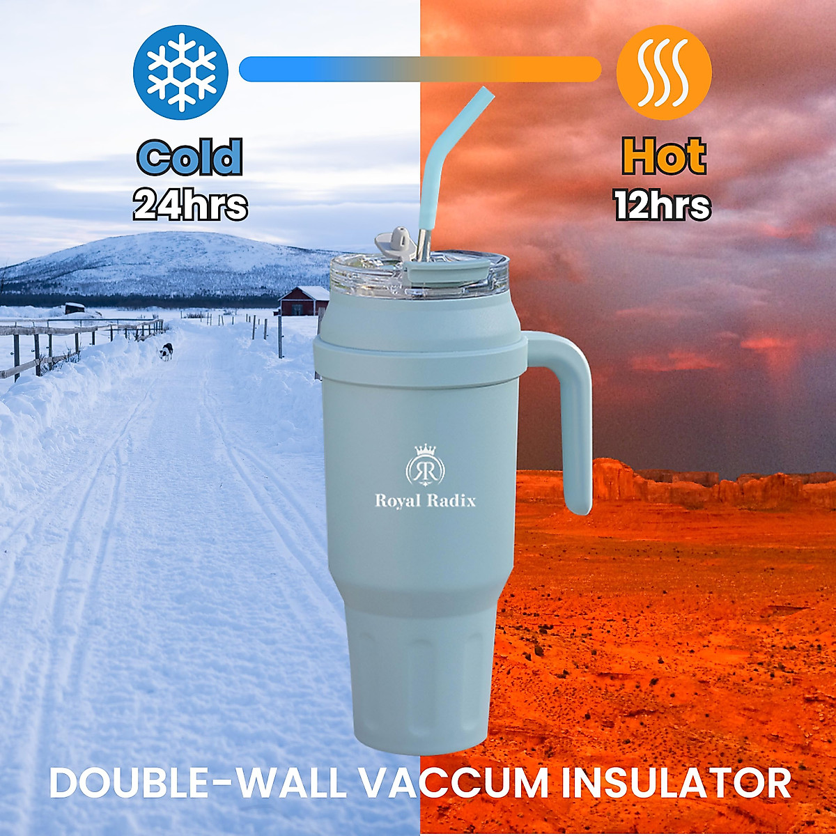 Royal Radix 50 oz Tumbler with Handle, 2 in1 Straw and Lid, Stainless Steel,Traveling Mug, maintain Cold for 24 Hours Hot 12H, Leakproof and Dishwasher Safe