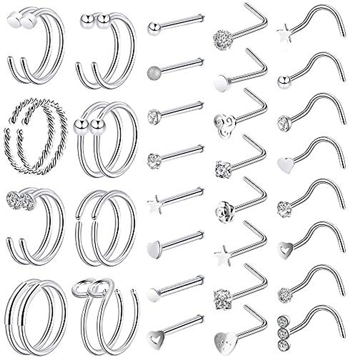ONESING 40 PCS 20G Nose Piercings Jewelry Nose Rings Hoops Studs Screw 316L L Shaped Stainless Steel for Women Men