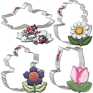 LILIAO Flowers Cookie Cutter Set - 4 Piece - Tulip, Daisy Flower, Kapok and Plaque Biscuit Fondant Cutter - Stainless Steel - by Janka