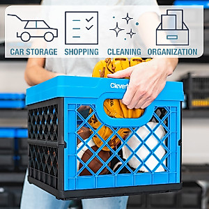 CleverMade - Collapsible Milk Crates, 25L Plastic Stackable Storage Bins CleverCrates Utility Folding Baskets, Pack of 3, Black