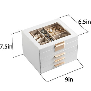Frebeauty Jewelry Box with Clear Lid,4-Layer Jewelry Organizer with 3 Drawers,Faux Leather Jewelry Organizer and Storage,Square Shape Appearance,Stylish Gold Handle,Jewelry Box for Women(White)