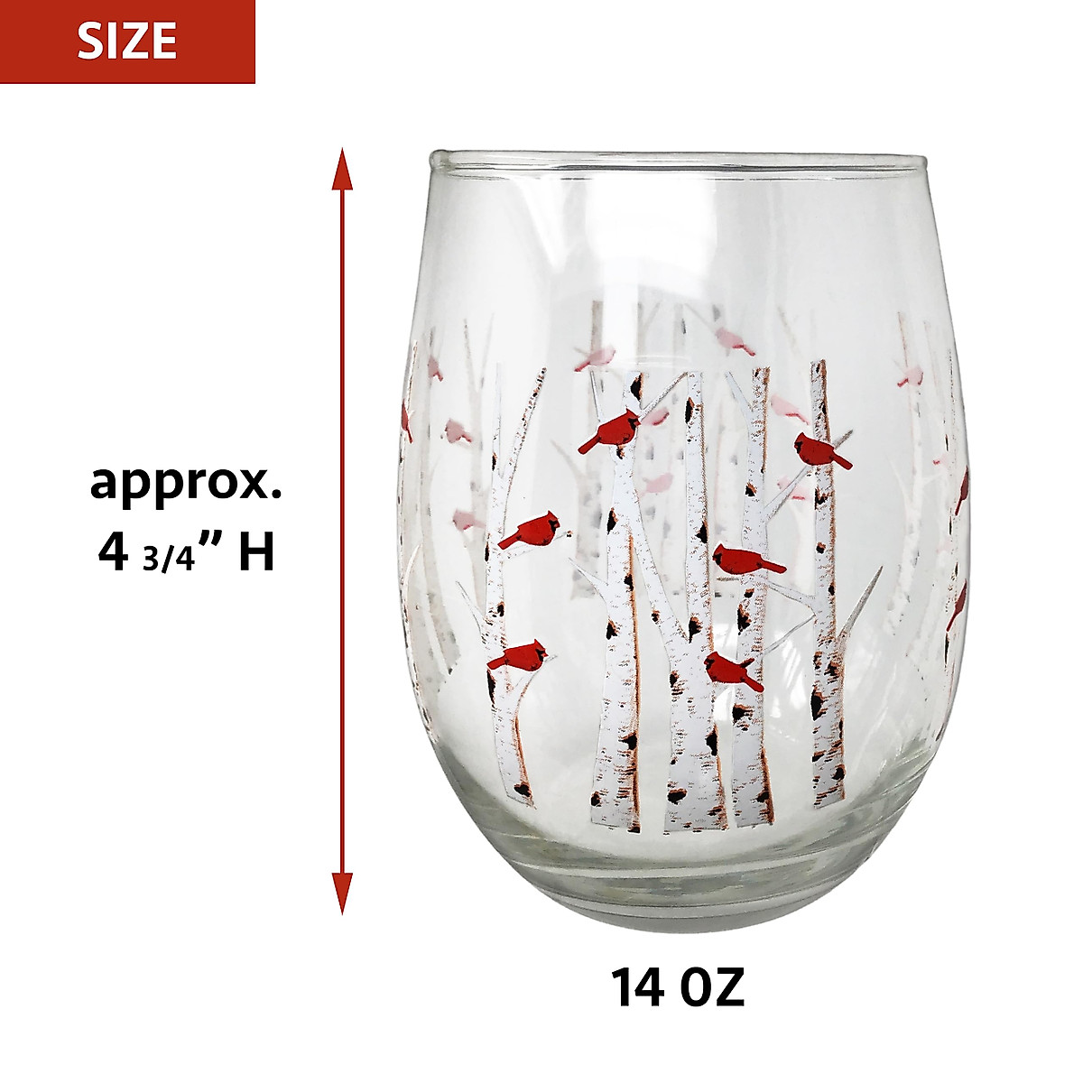 BANBERRY DESIGNS Cardinal Wine Glass - Set of 4 - Stemless Glasses - Cardinals Perched on White Birch Trees - All Occasion - Approximately 4 3/4" H 20 oz