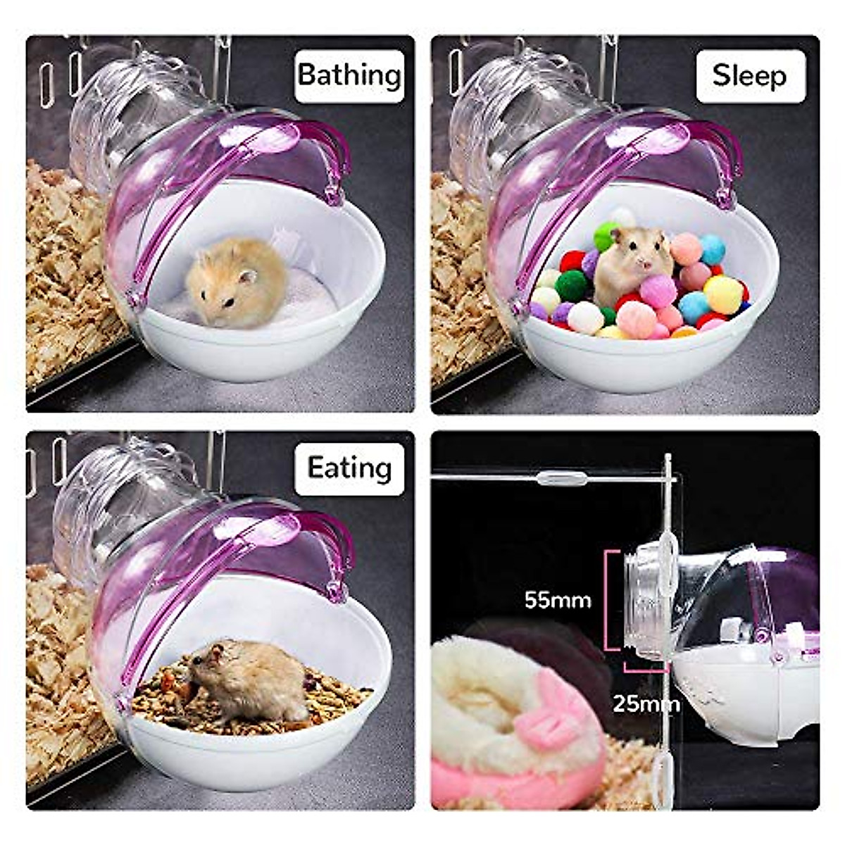 CHUQIANTONG Small Animal Bath House,Pet Toy Acrylic Hamster Bathroom Cage Toilet Bathtub Sand Bath Container Removable, Suitable for Chinchilla Syrian Hamster Gerbil (Pink)