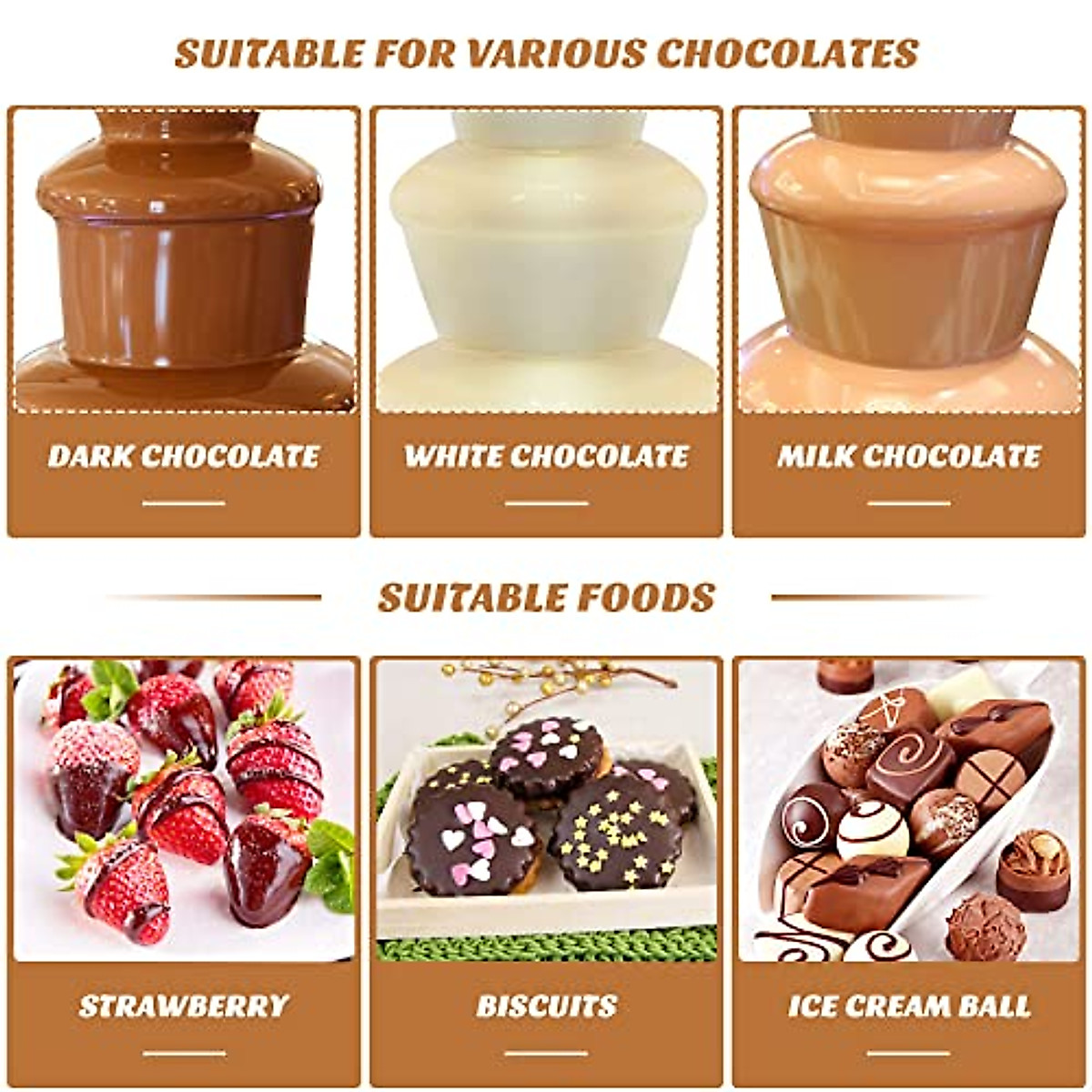 HEMOTON 4 Tiers Chocolate Fountain Stainless Steel Chocolate Fondue Fountain, 2-Pound Capacity, Easy to Assemble, Perfect for Nacho Cheese, BBQ Sauce, Ranch, Liqueurs