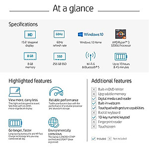 HP 15.6-inch HD Laptop, AMD Ryzen 3 3200U Processor, 8 GB RAM, 256 GB SSD, Windows 10 Home (15-ef0021nr, Natural Silver)