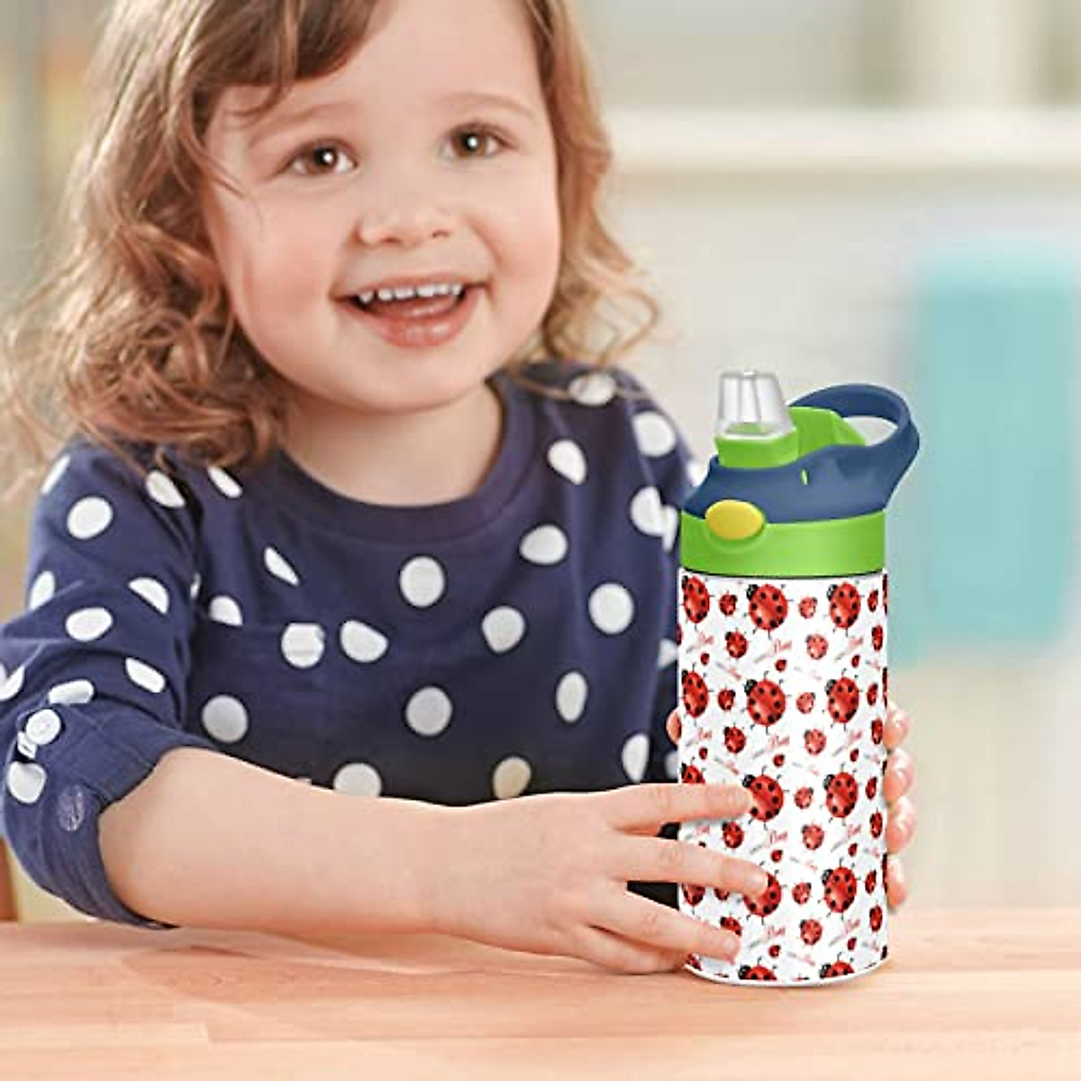 ALAZA Watercolor Funny Insects Ladybug Kids Water Bottles with Lids Straw Insulated Stainless Steel Water Bottles Double Walled Leakproof Tumbler Travel Cup for Girls Boys Toddlers 12 oz / 350 ml,Gree