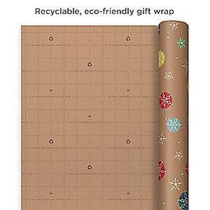 Hallmark Colorful Recyclable Christmas Wrapping Paper with Cut Lines on Reverse (3 Rolls: 90 sq. ft. ttl) Kraft Brown with Snowflakes, Pink Trees, "All Kinds of Merry"