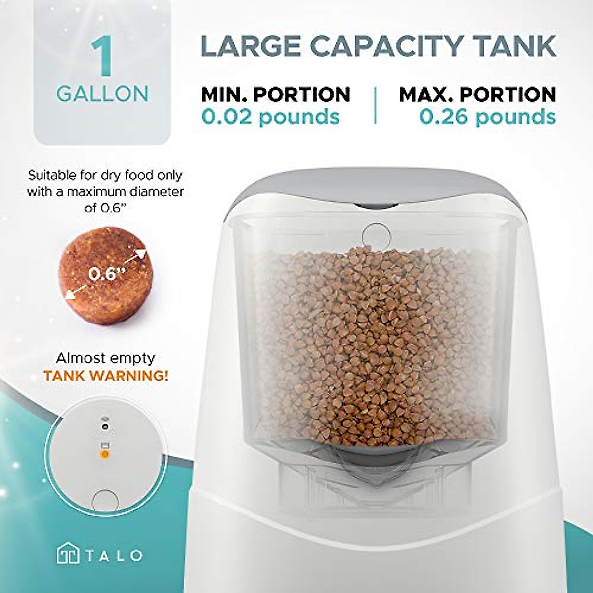 Talo Automatic Wi-Fi Pet Feeder 3.7L - Smart Cat Feeder - Dog Feeder with App Control - Food Dispenser with Timer - 130oz – White