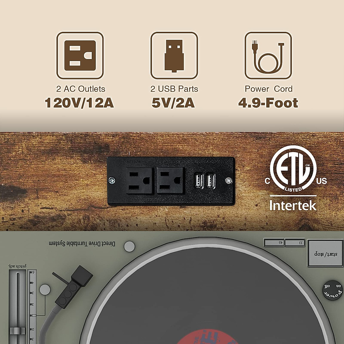 Record Player Stand with Vinyl Storage Turntalbe Stand with Charging Station and USB Ports Size W18 xD17 xH34 Record Player Table Shelf Holder with Power Outlet Holds 150 Albums Brown