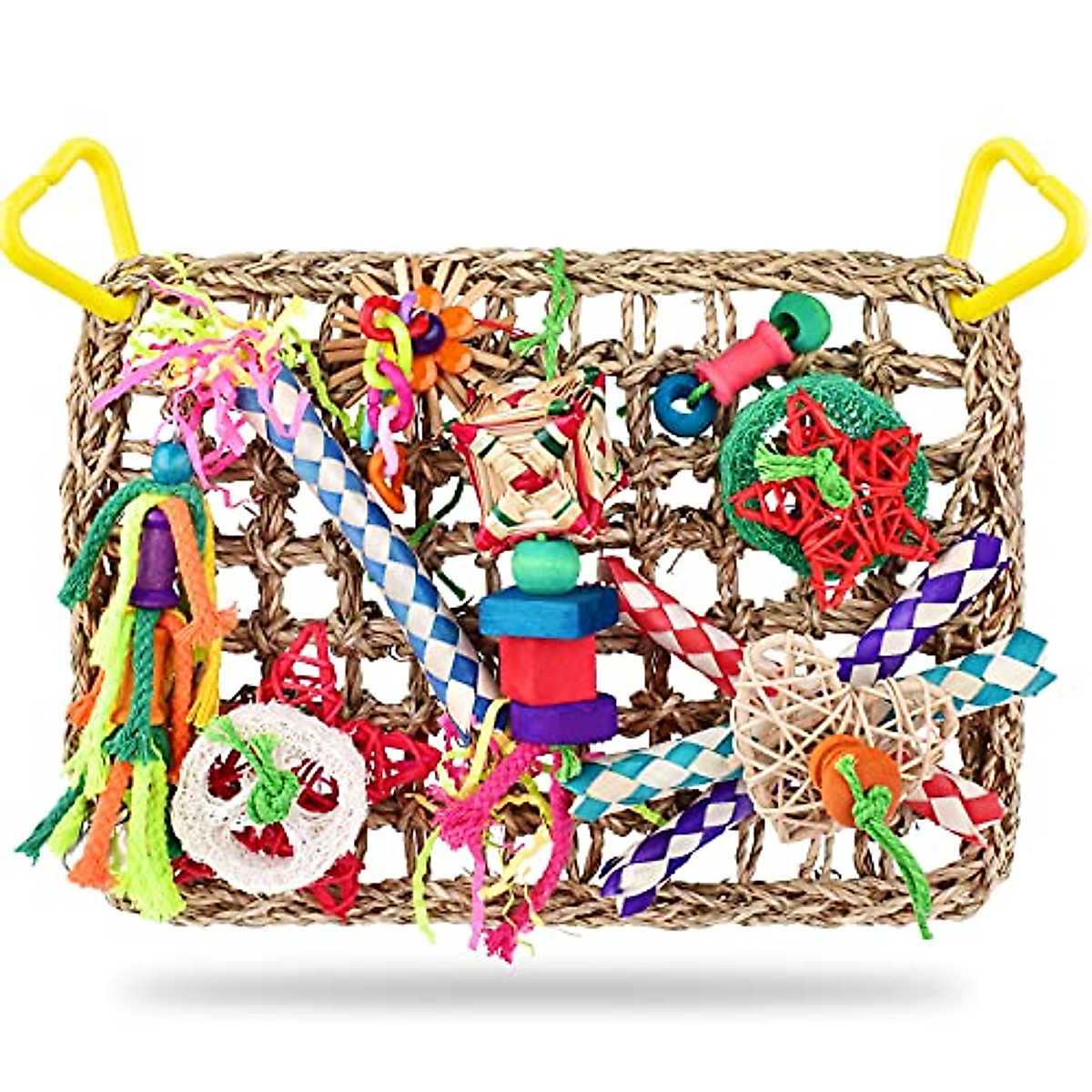 KATUMO Bird Toys, Bird Foraging Wall Toy, Edible Seagrass Woven Climbing Hammock Mat with Colorful Chewing Toys, Suitable for Lovebirds, Finch, Parakeets, Budgerigars, Conure, Cockatiel