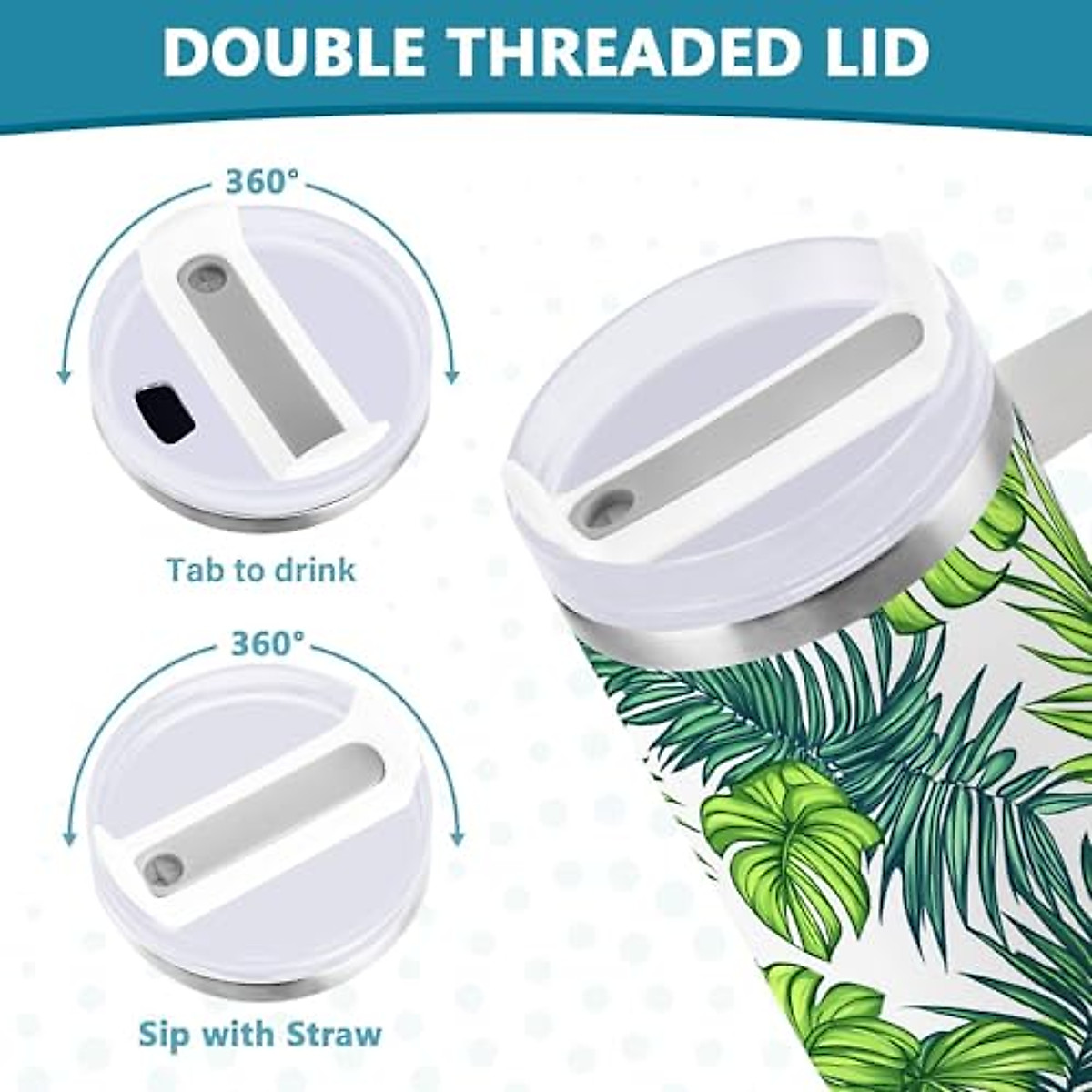 Slewiaeky Tumbler with Handle 40 oz Plant Palm Leaf Cool Travel Mug with Lid and Straw Green Stainless Steel Vacuum Insulated Water Bottle Cup for Iced Tea Coffee Cold Beverages Cup Holder Friendly