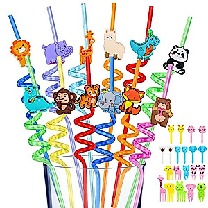 24 Reusable Jungle Animal Straws, Meetory Plastic Party Drinking Straws,Curly Crazy Straws with 20 Fruit Forks for Party Favor Kids Truck Decorations Birthday Supplies Gift, 12 Styles