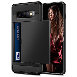 Vofolen Cover for Galaxy S10 Case Wallet Credit Card Holder ID Slot Sliding Door Hidden Pocket Anti-Scratch Dual Layer Protective Hard Shell Rugged TPU Bumper Armor for Samsung Galaxy S10 (Black)