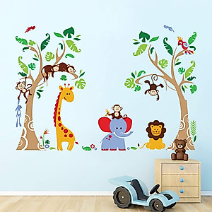 Runtoo Jungle Animals Tree Wall Decals for Nursery Baby Kids Bedroom Monkey Giraffe Elephant Wall Stickers Adventure Wall Décor