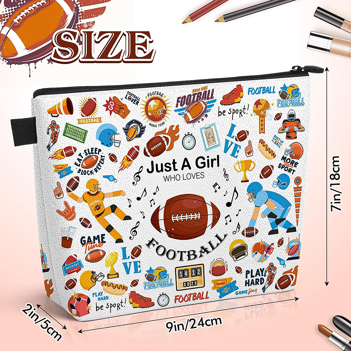 Football Makeup Bag for Teens, Inspirational Canvas Football Cosmetic Bag Pouch Accessories for Players Teams Stuff, Sport Party Favors Birthday Graduation Nurse Gifts for Her Girls Friends Women