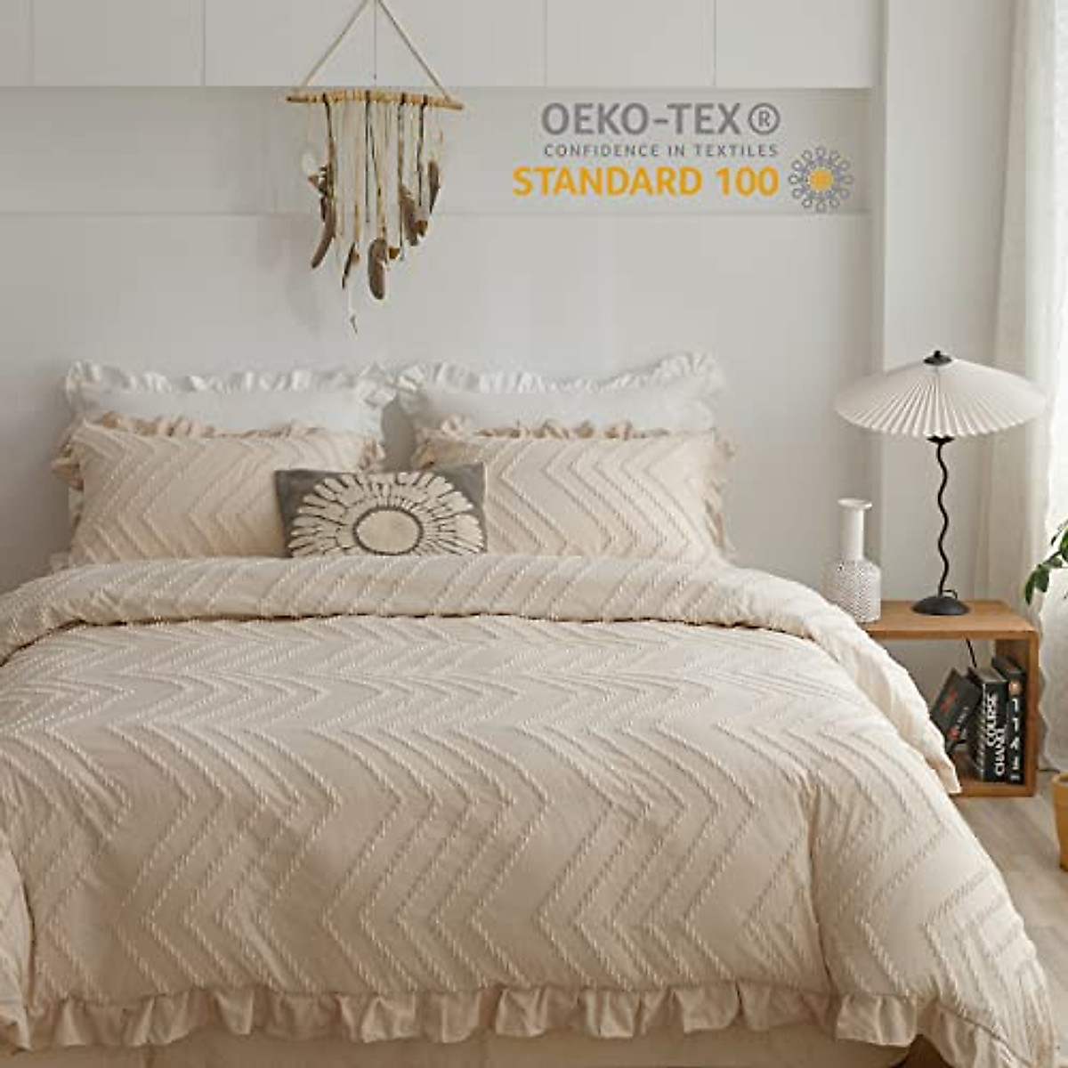 BAHALDEN Tufted Duvet Cover King Sets, Soft and Breathable Comforter Cover with Zipper Closure, Embroidery Boho Bedding with Ruffles, Cream Beige 104x90 inches and 2 Pillowcases