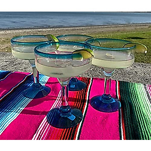 Mexican Hand Blown Glass – Set of 4 Hand Blown Margarita Glasses (16 oz) with Aqua Blue Rims