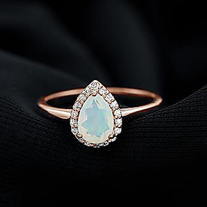Natural Ethiopian Opal Diamond Halo Engagement Ring, AAA Quality, 5X7MM Pear Shaped Opal Teardrop Ring - Ready To Gift, 14K Rose Gold, Size:US 8.00