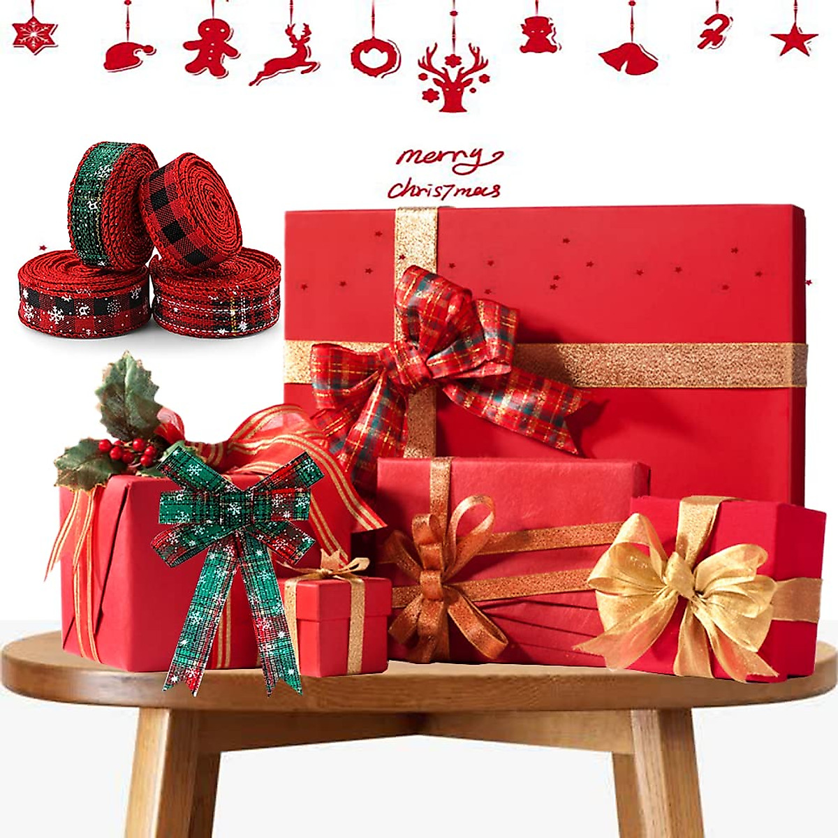 Christmas Ribbon, Ribbon for Christmas Tree, Snowflake Christmas Plaid Ribbon, Christmas Crafts, Home Wrapping Craft Decoration, Ribbons for Crafts, 24 Yards in Total, 6 Yards Each Roll, 1 Inch Width