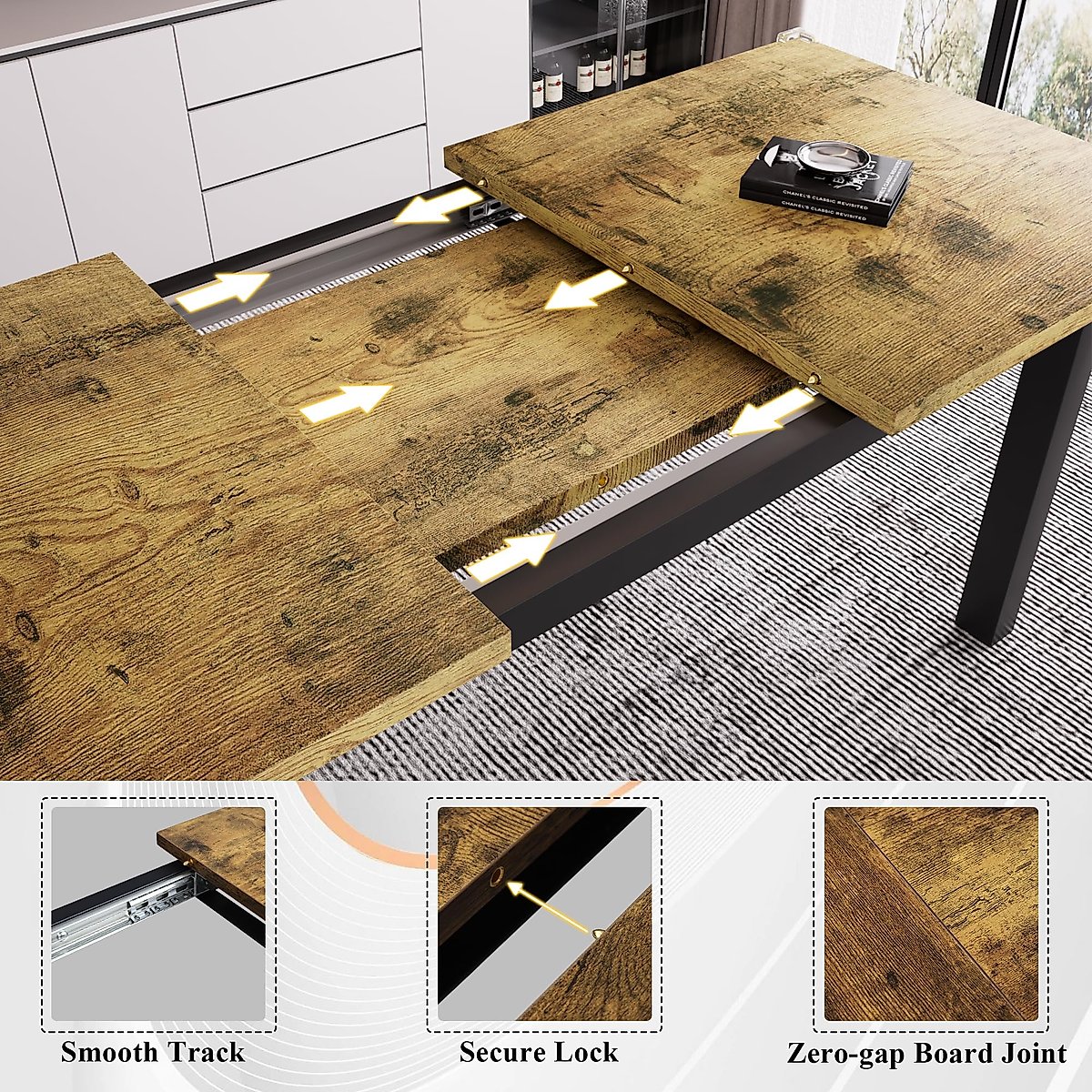 iPormis 5-Piece Dining Table Set for 4-8 People, Extendable Kitchen Table Set with 2 Benches and 2 Square Stools, Mid-Century Dining Room Table with Metal Frame & MDF Board, Saving Space, Rustic Brown