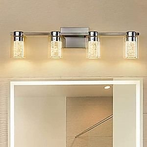 Eatich Bathroom Light Fixtures, Brushed Nickel Vanity Lights with Crystal Bubble Glass, Modern Bathroom Lights Over Mirror with Dimmable LED White/Neutral/Warm, 4-Light