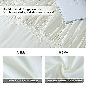 DeramHy home Ivory White Comforter Queen Set (90x90Inch),3 Pieces(1 Ruffle Comforter,2 Pillowcases),Lightweight Farmhouse Shabby Boho Bedding,Ultra Fluffy Washed Microfiber Bedding Comforter Set