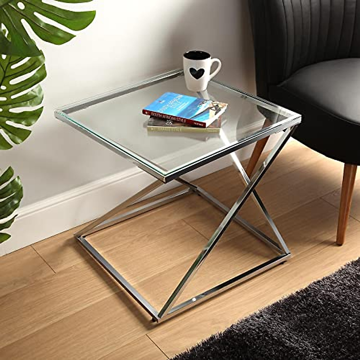 Versa Trento Auxiliary Small Table for The Living Room, Bedroom or Kitchen. Modern Side Table, Measurements (H x L x W) 51 x 51 x 51 cm, Glass and Metal, Colour Silver